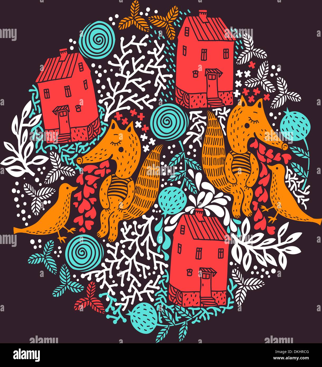 vector illustration of an abstract floral planet with fantasy animals ...