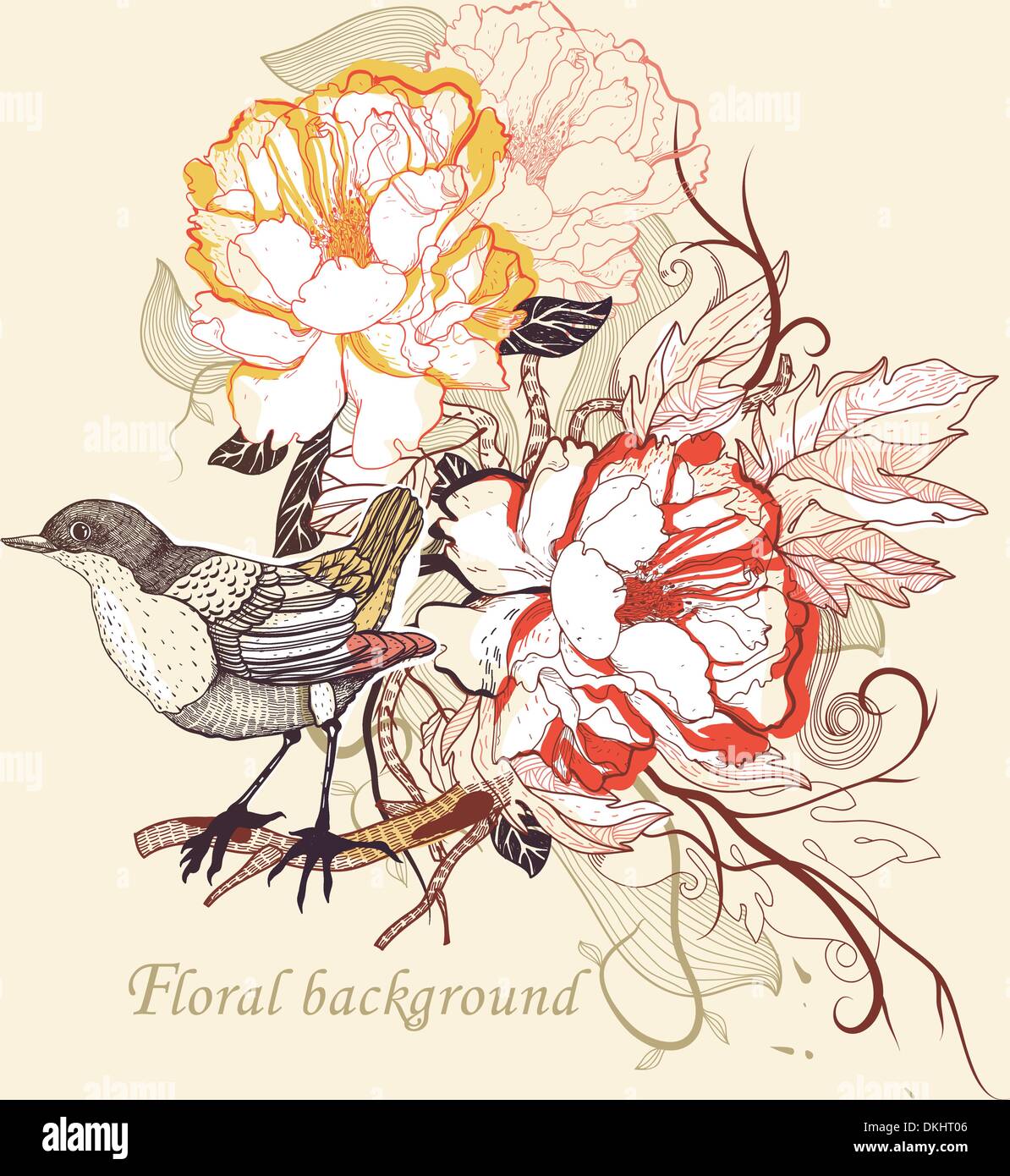 vector floral illustration of a little bird and blooming roses Stock ...