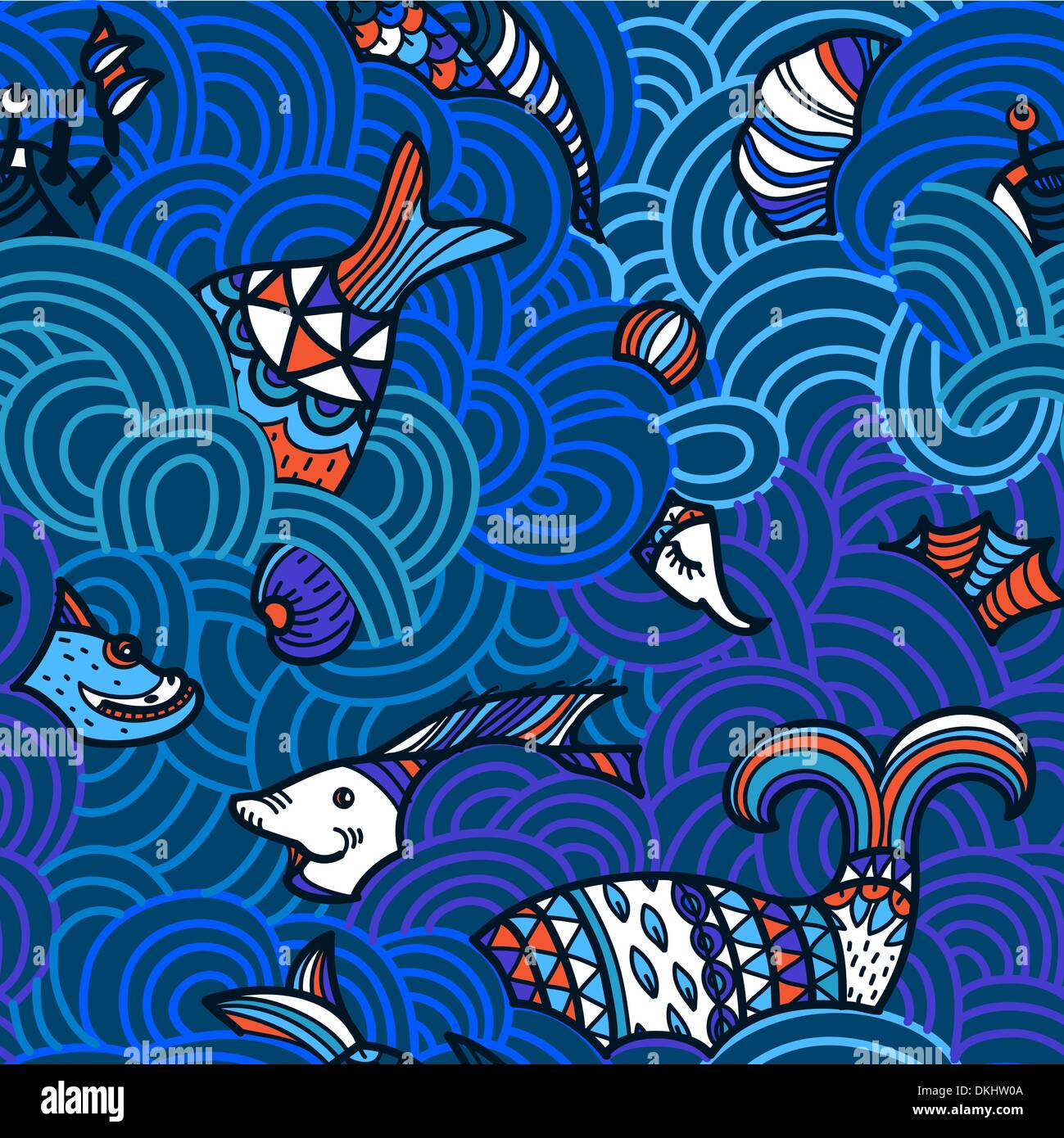 vector seamless pattern with sea waves and sea animals Stock Vector ...
