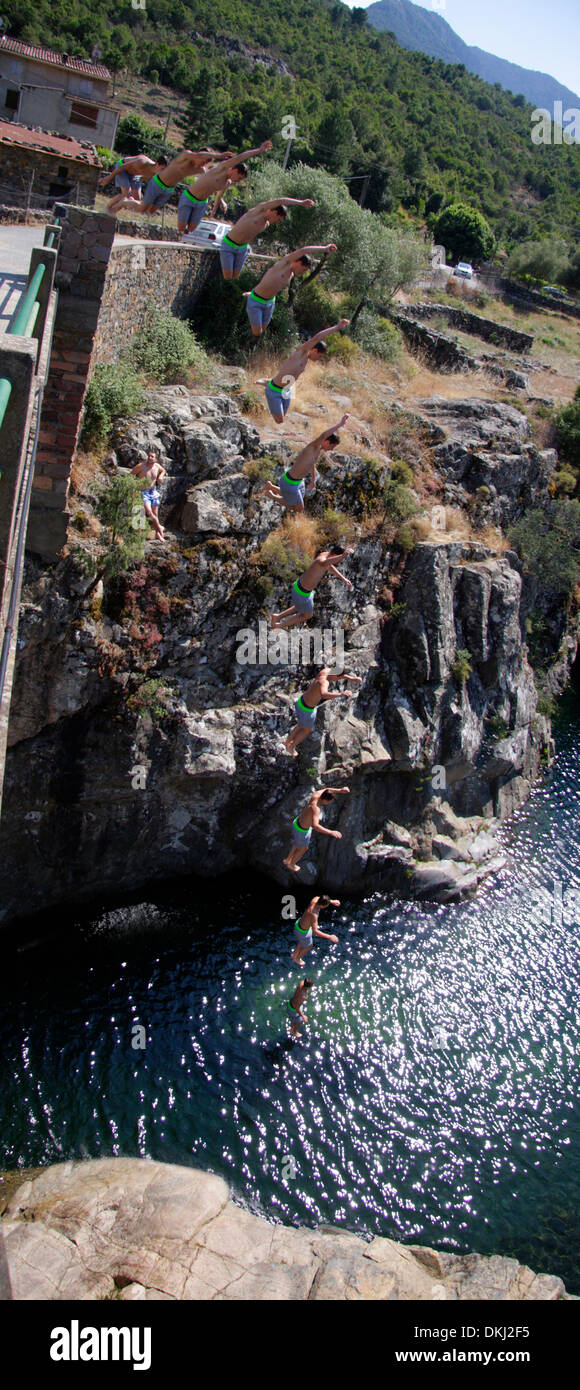 image sequence/ combo: a cliff diver jumps into the river in the Fango ...