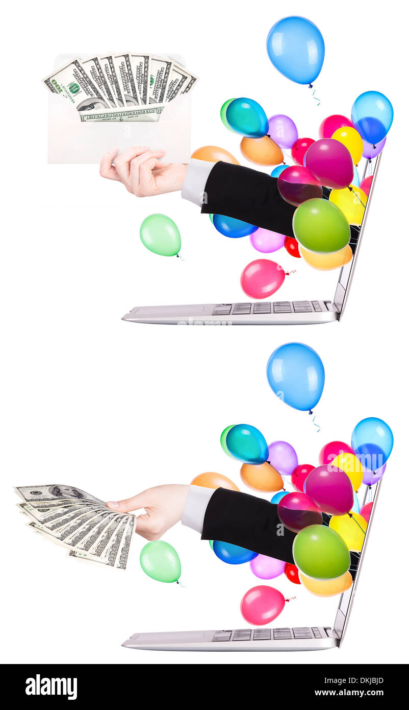 hand with money and balloons come out from a screen of a laptop ...
