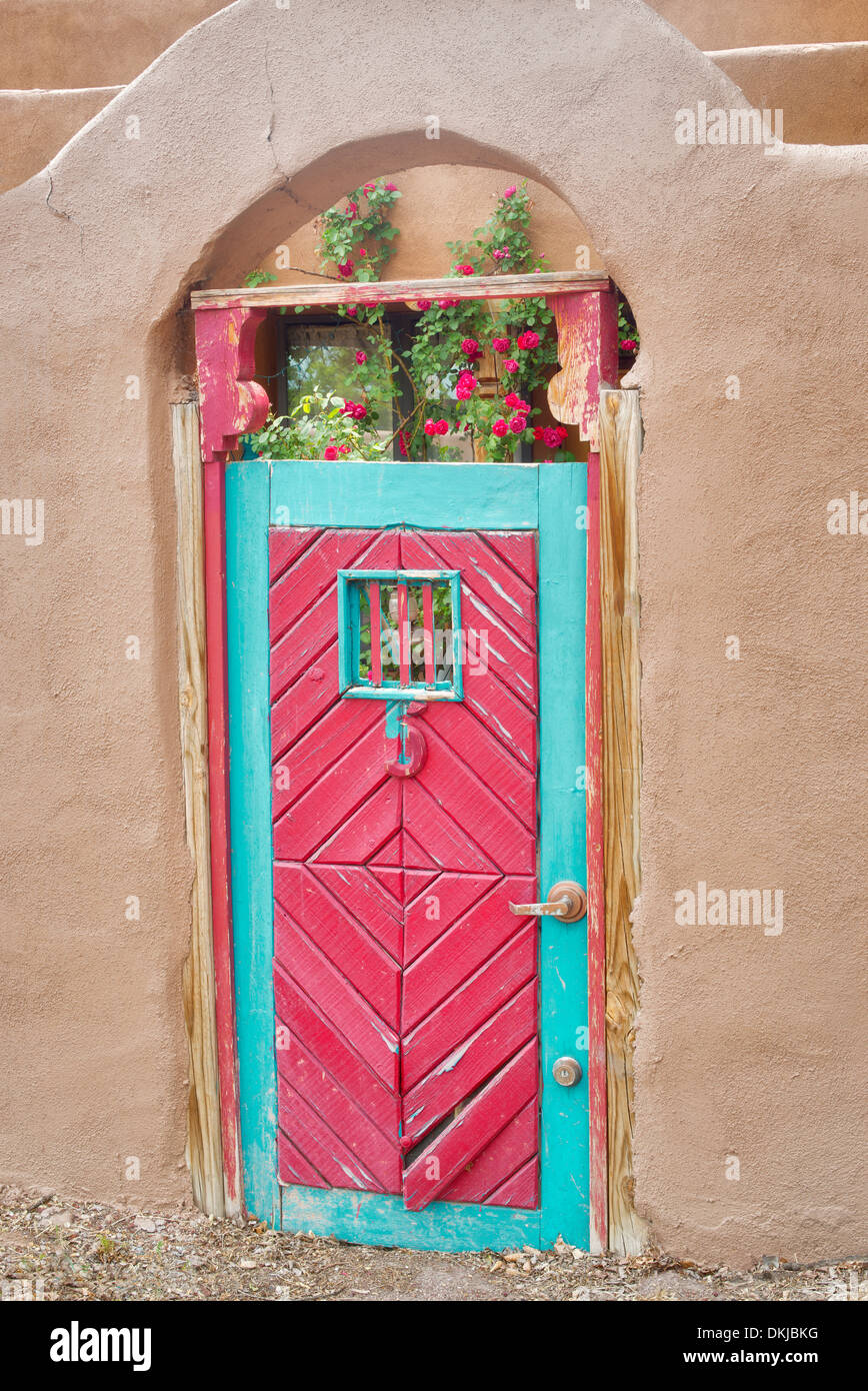 Red Historic door and adobe building near Santa Fe, New Mexico Stock ...