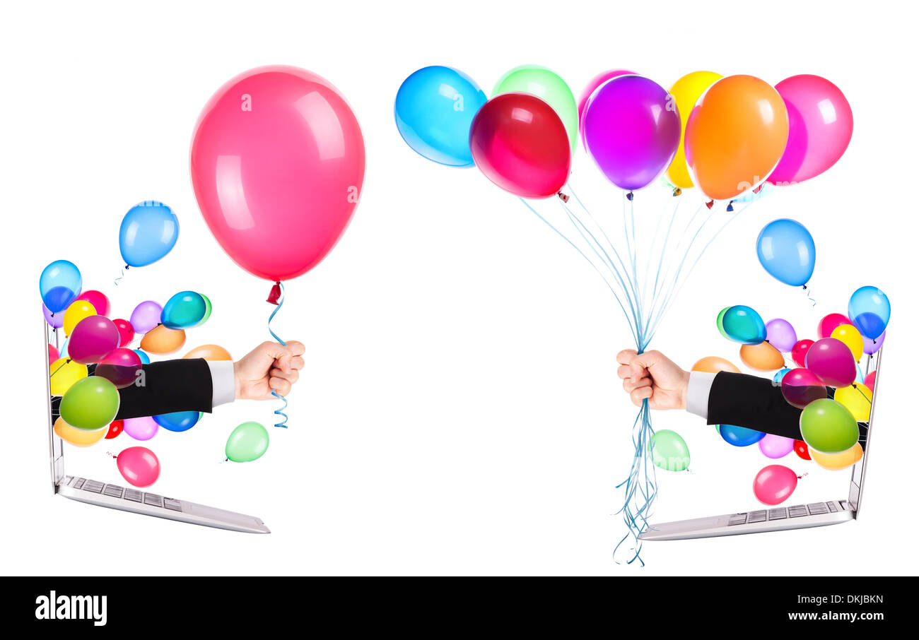 hand with a balloons and laptop on a white background Stock Photo - Alamy