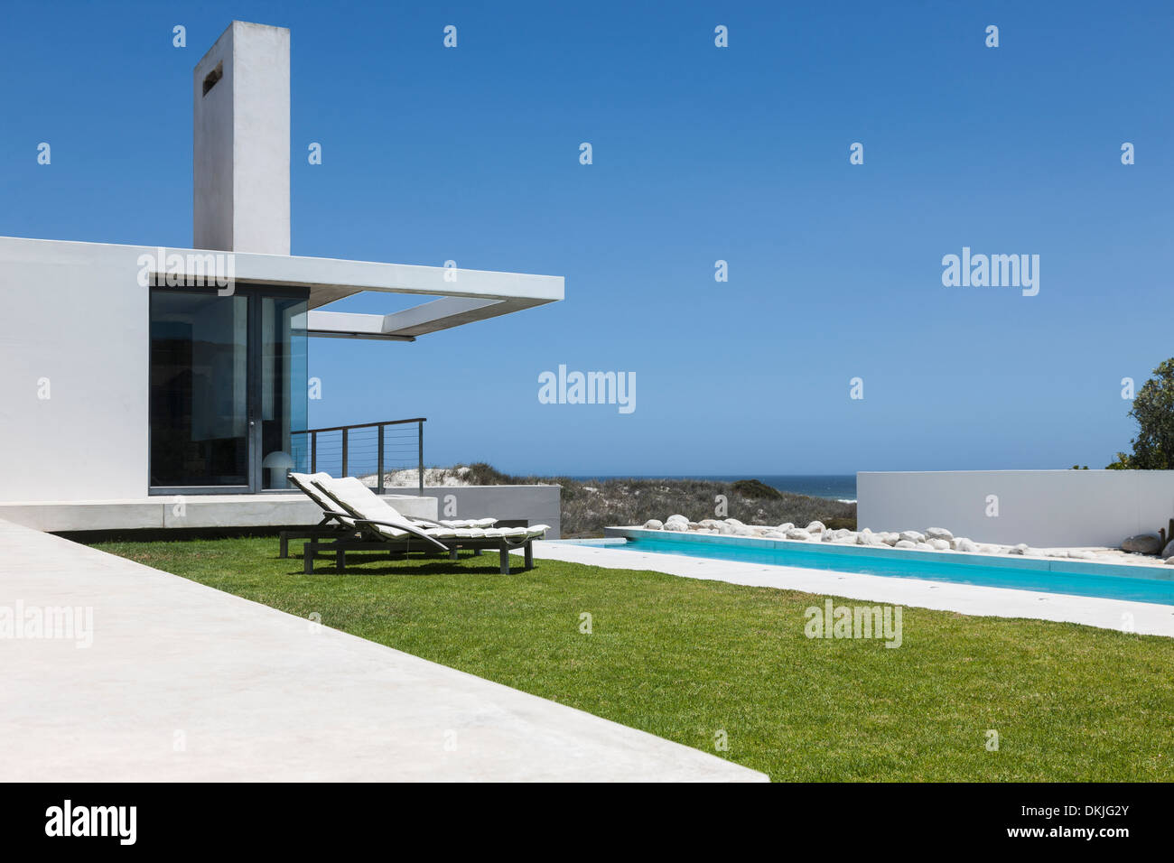 Lawn and lap pool along modern house Stock Photo - Alamy