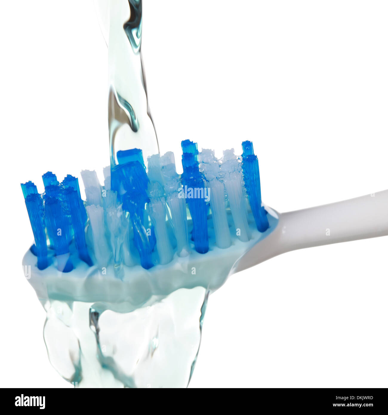Brushing teeth with water on a toothbrush, isolated on a white ...