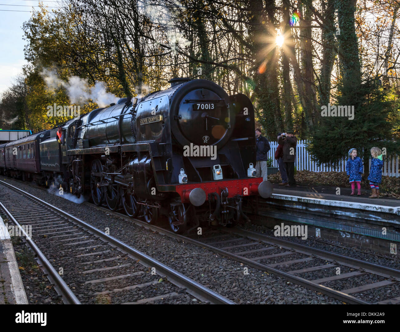 British Rail Standard Class 7 Oliver Cromwell stops at Chirk Station to ...
