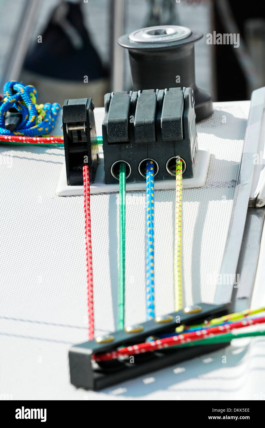 Coloured rigging and rope stopper on a sailboat Stock Photo - Alamy