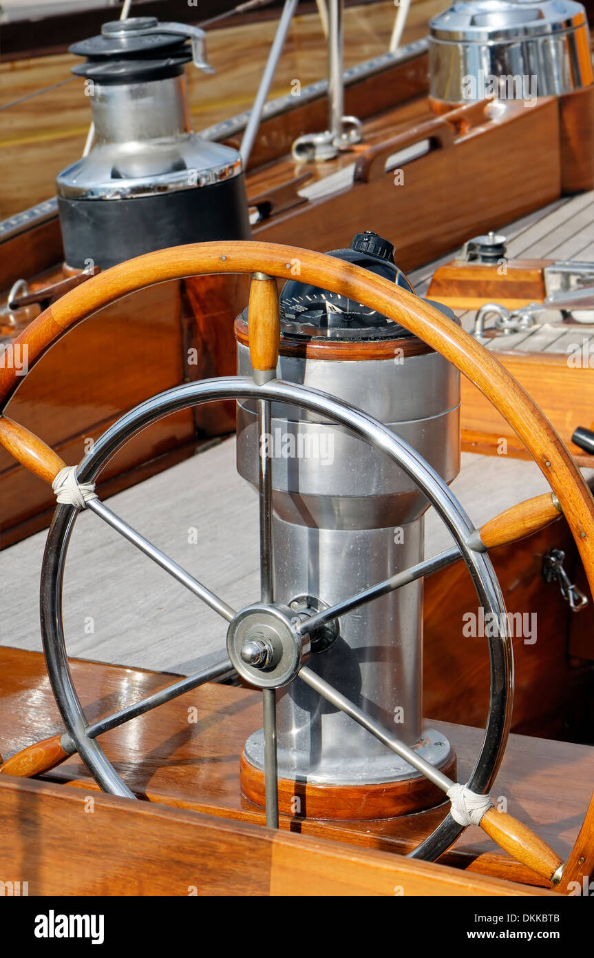 Detail of an old-fashioned boat deck with rudder, compass and other ...
