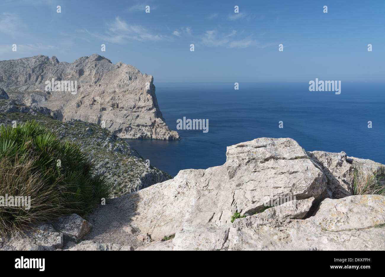 Limestone cliffs at formentor with blue Mediterranean sea and horizon ...