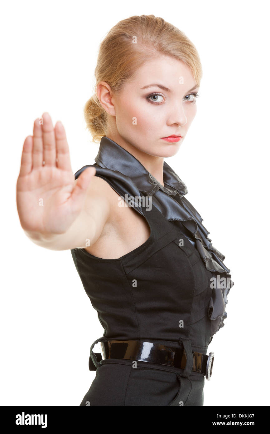 Blond businesswoman with stop hand sign gesture isolated on white ...