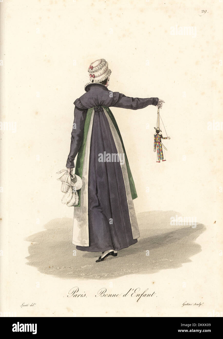 Child's maid, Paris, early 19thC, carrying a child's bonnet and puppet ...