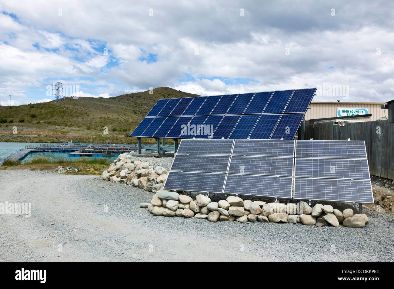 Solar panels on a salmon farm on the South Island of New Zealand Stock ...