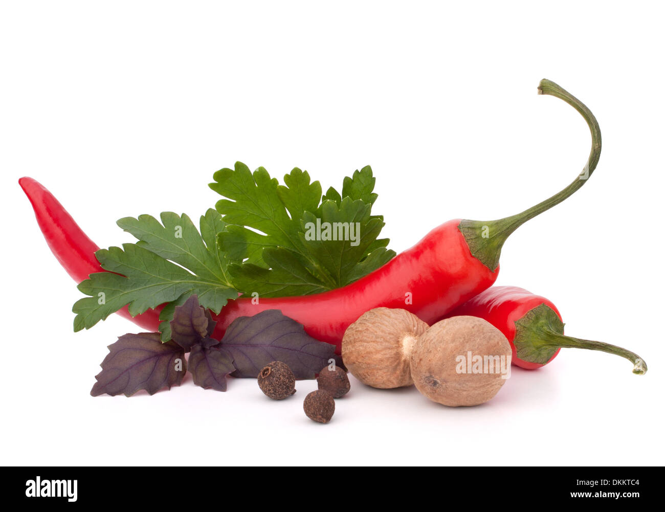 Hot red chili or chilli pepper and aromatic herbs leaves still life ...