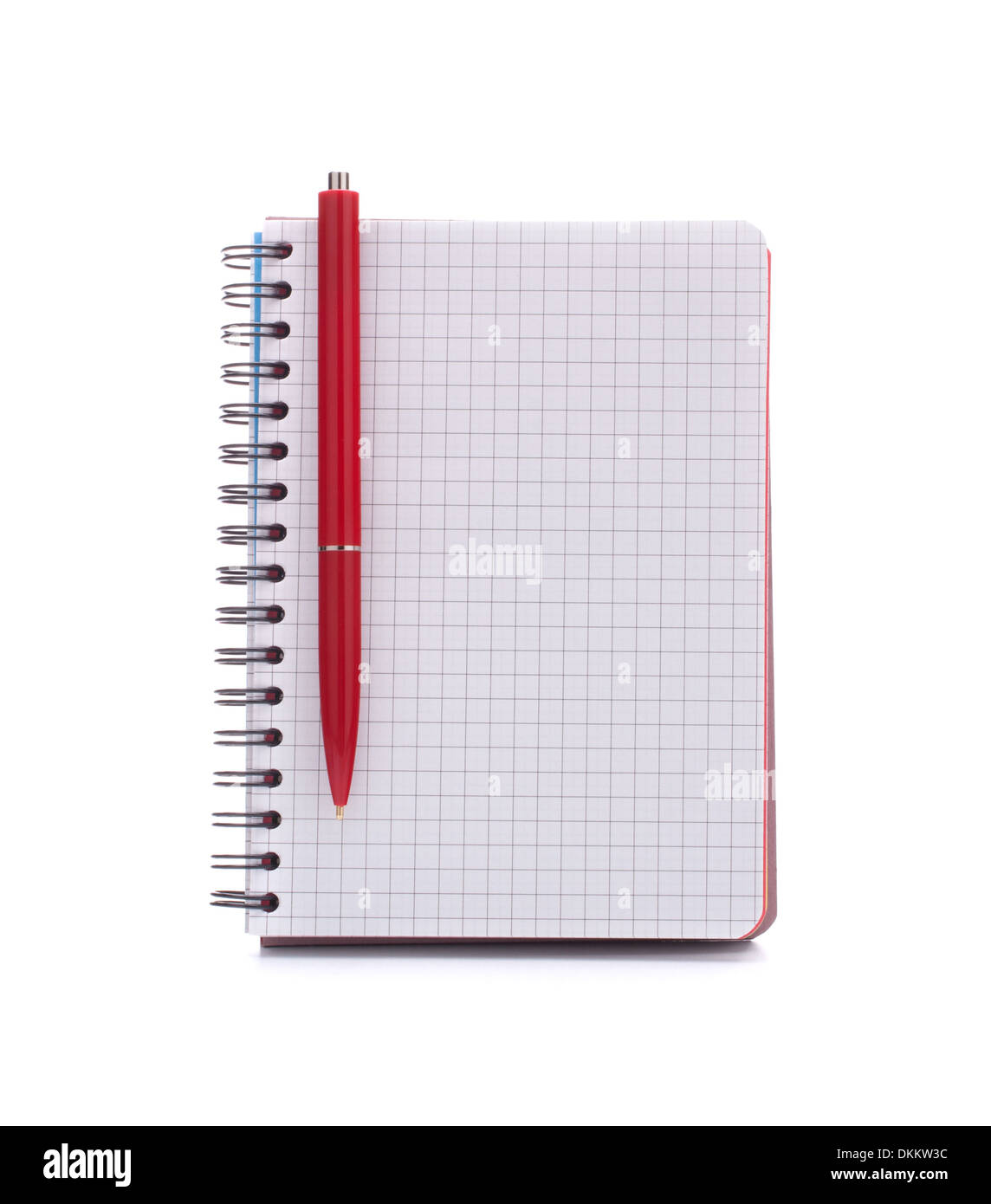 Open blank checked notebook with red pen isolated on white background ...