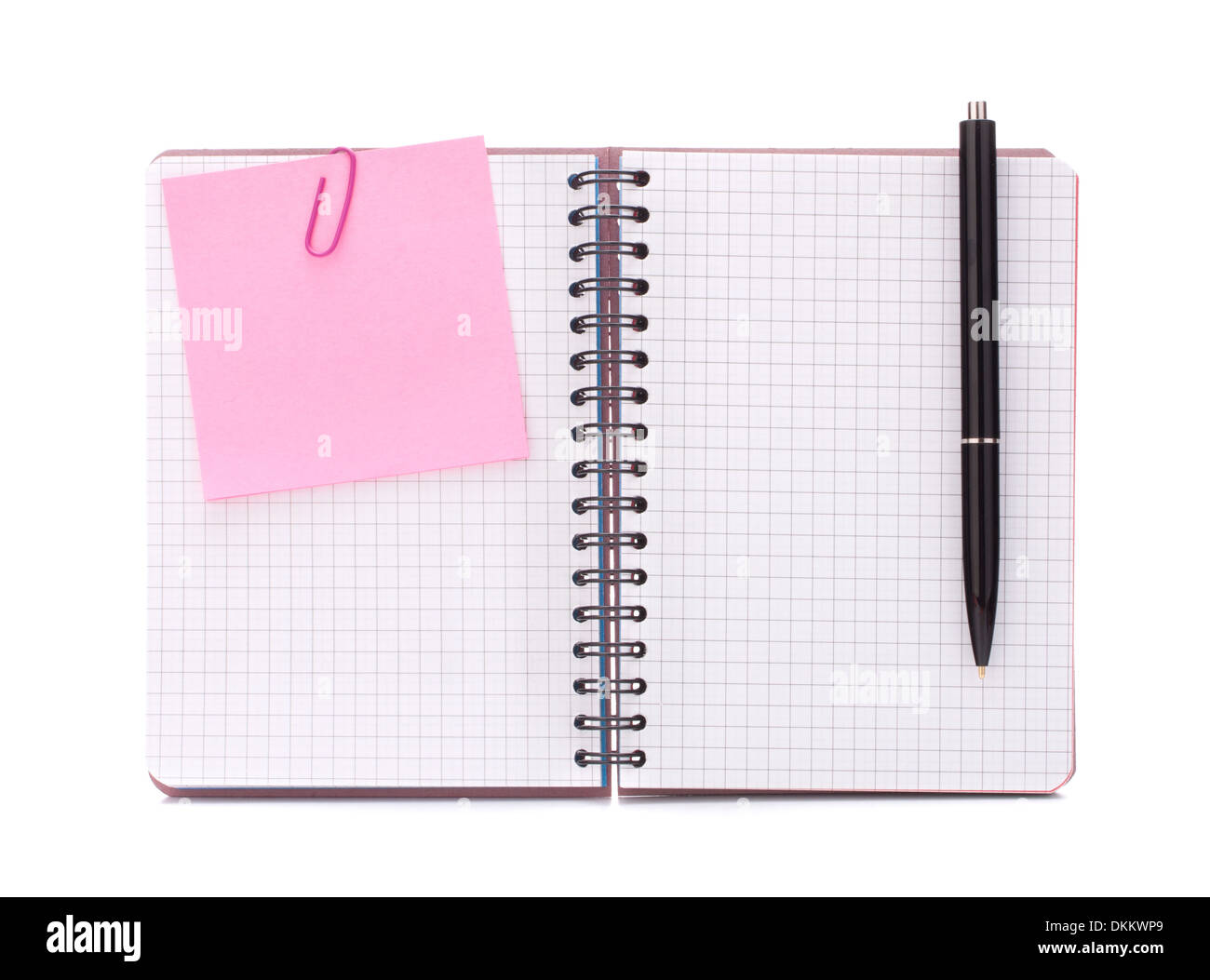 Blank checked notebook with notice paper isolated on white background ...