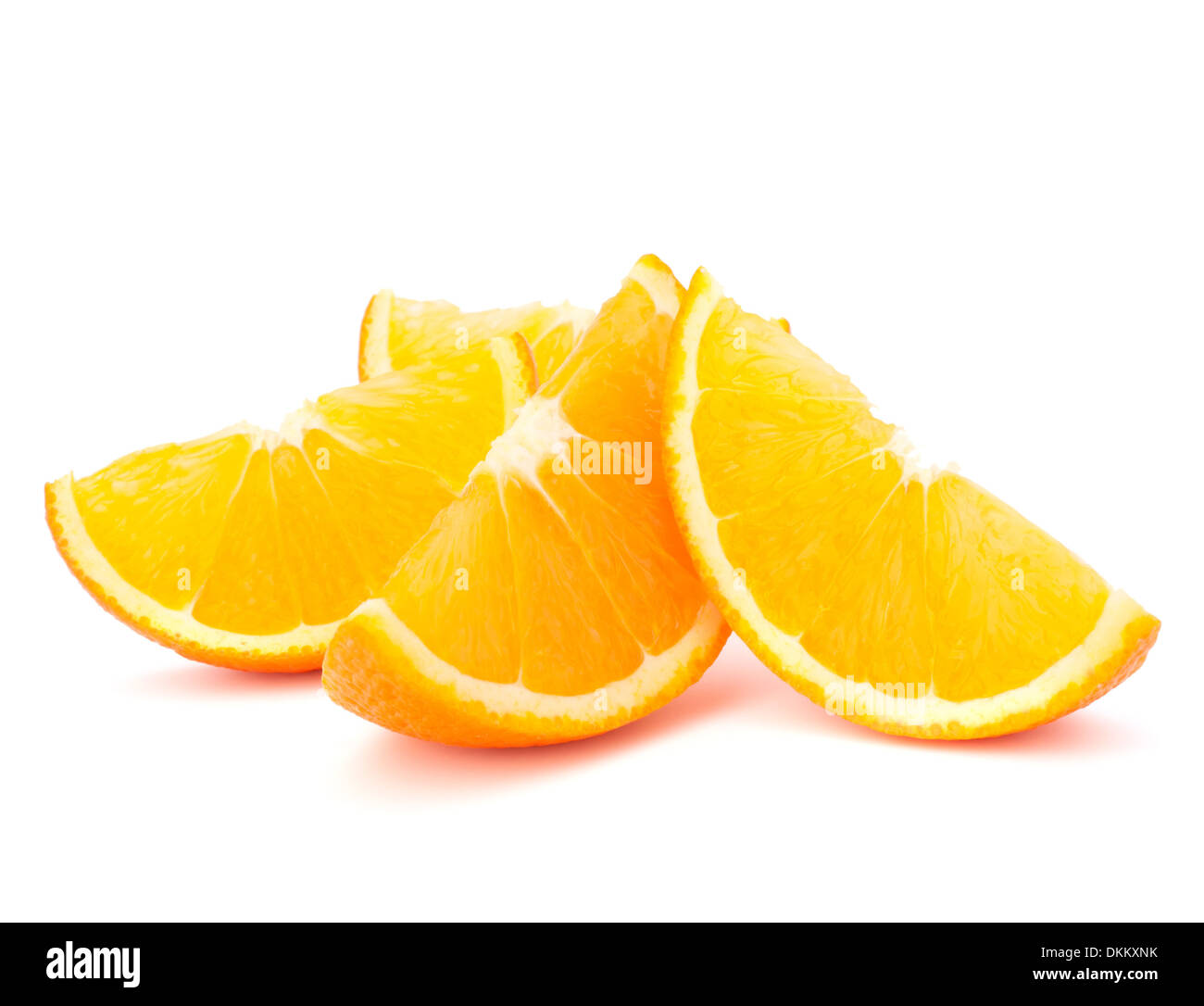 Four orange fruit segments or cantles isolated on white background ...