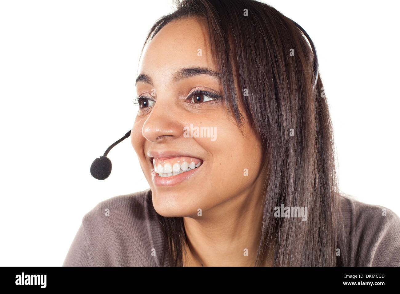 Portrait of happy smiling cheerful support phone operator in headset, isolated on white ...