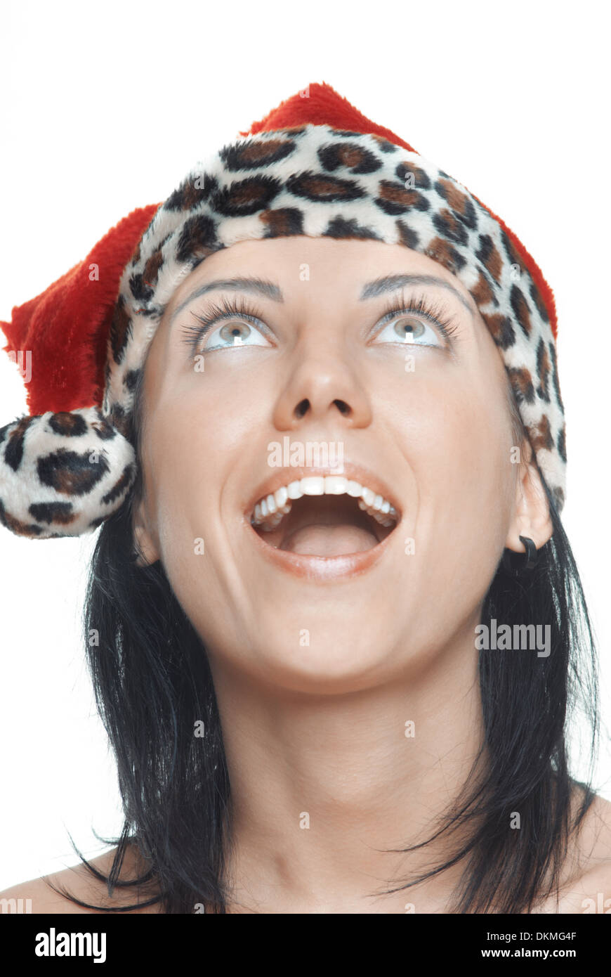 Female Santa laughing on a white background Stock Photo - Alamy