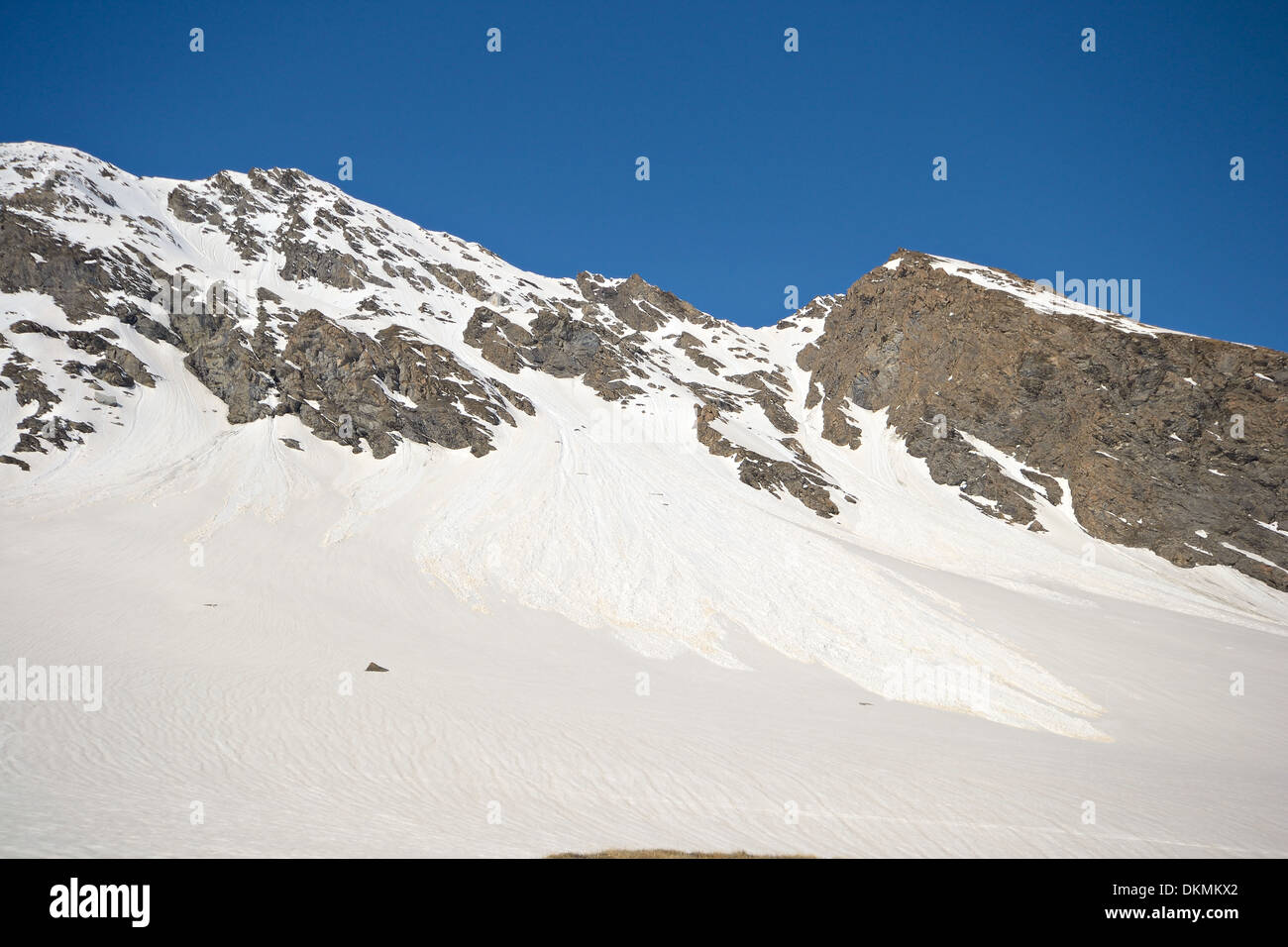 High altitude snow melting pattern: snowy slope with melting grooves in ...