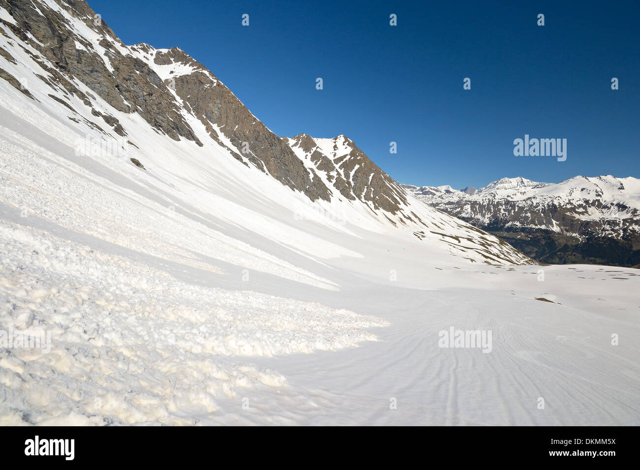 High altitude snow melting pattern: snowy slope with melting grooves in ...