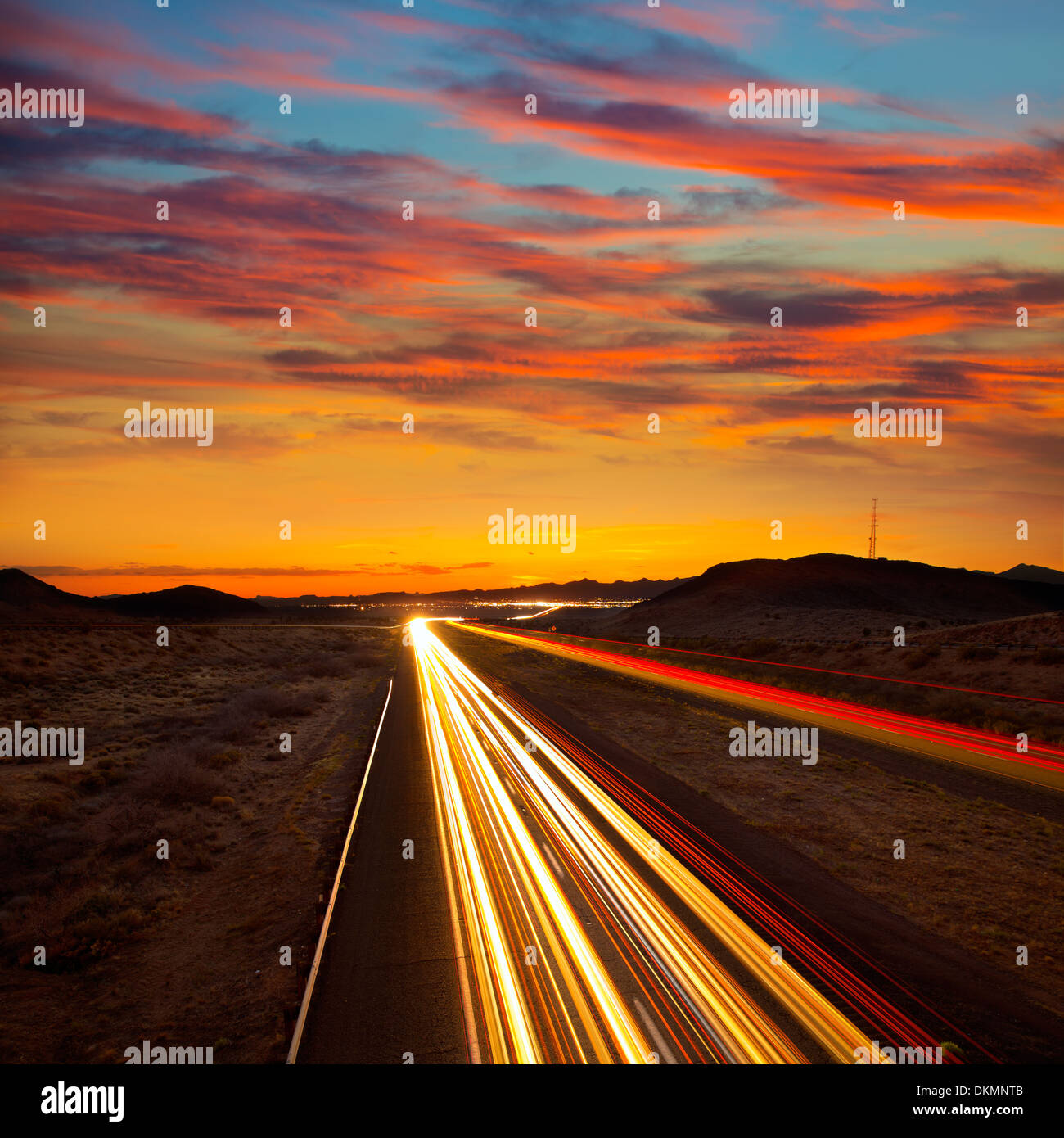 Arizona sunset at Freeway 40 with cars light traces USA Stock Photo - Alamy