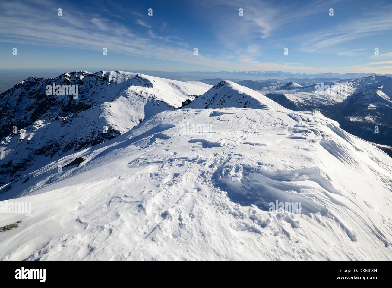 Off piste snowy slope in majestic high mountain frozen scenery and ...