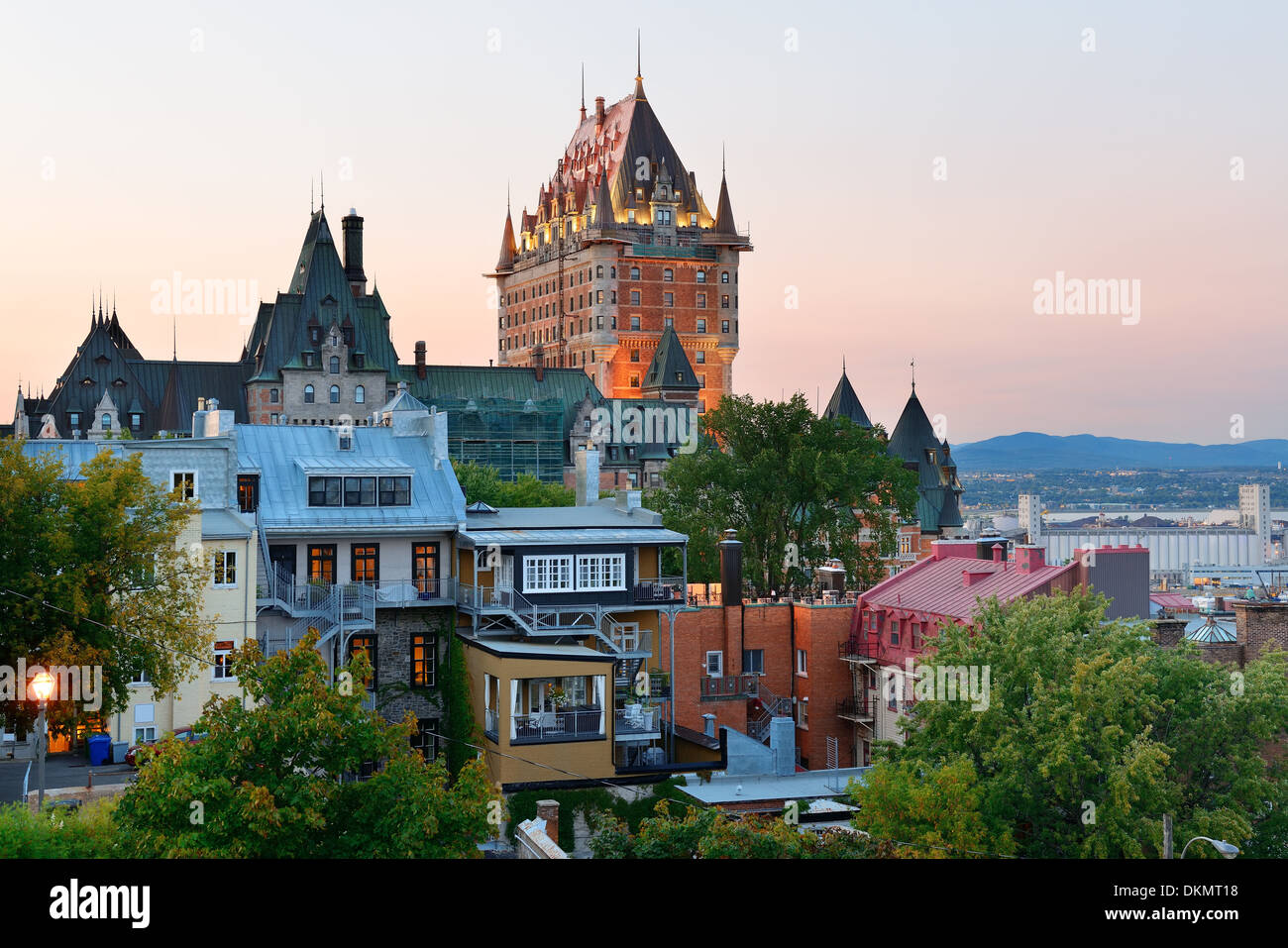 Quebec City skyline with Chateau Frontenac at sunset viewed from hill ...