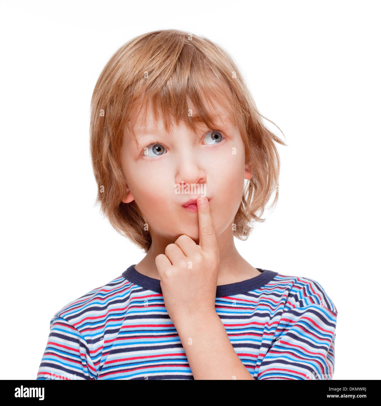 Boy Looking up Thinking, Finger on his Mouth - Isolated on White Stock ...