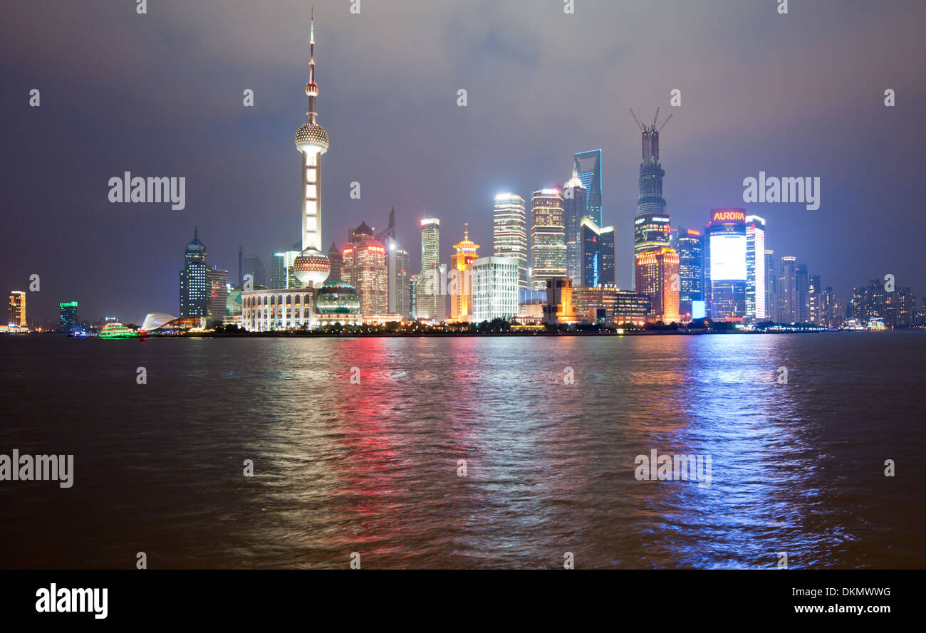 night view on Pudong skyline seen from the Bund in Shanghai, China ...