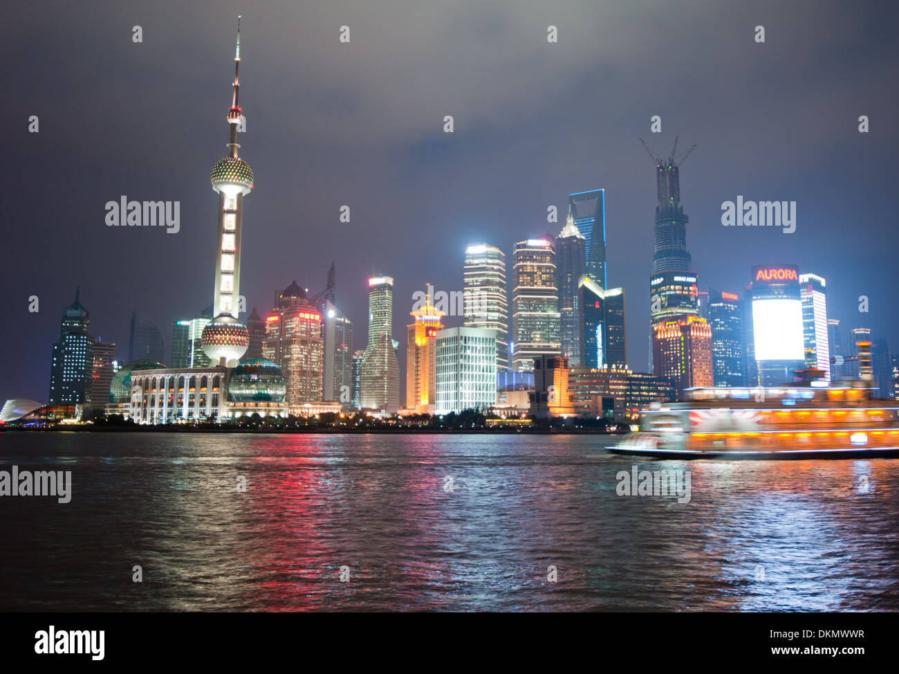 night view on Pudong skyline seen from the Bund in Shanghai, China ...