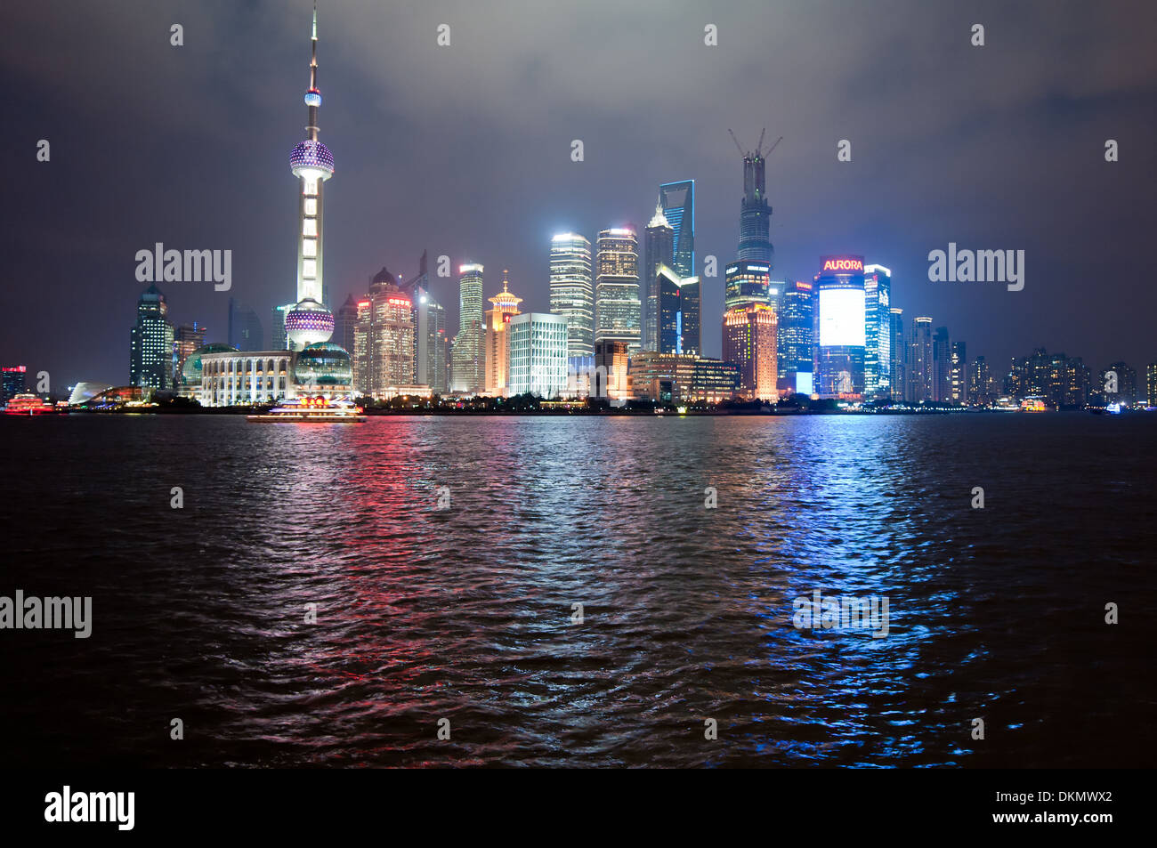 night view on Pudong skyline seen from the Bund in Shanghai, China ...