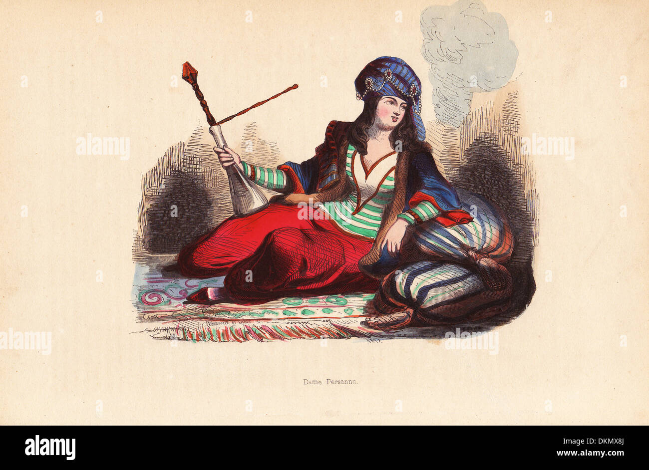 Persian noble woman smoking a hookah pipe, reclining on cushions Stock ...