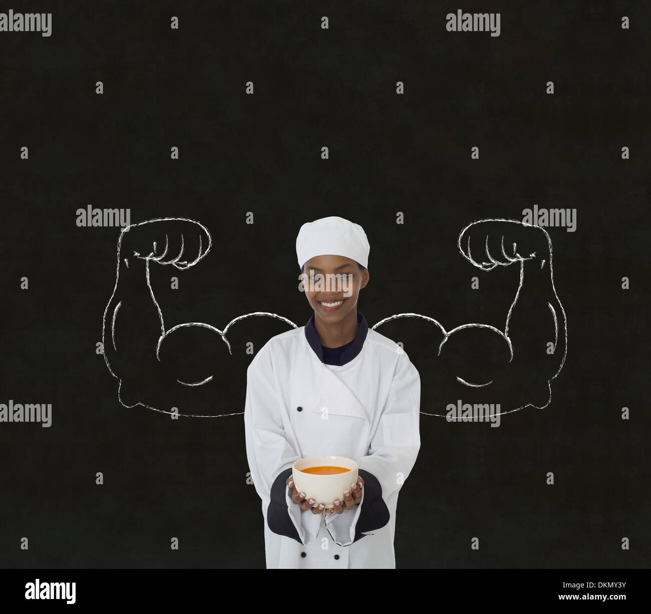 African American woman chef with chalk healthy strong arms on ...