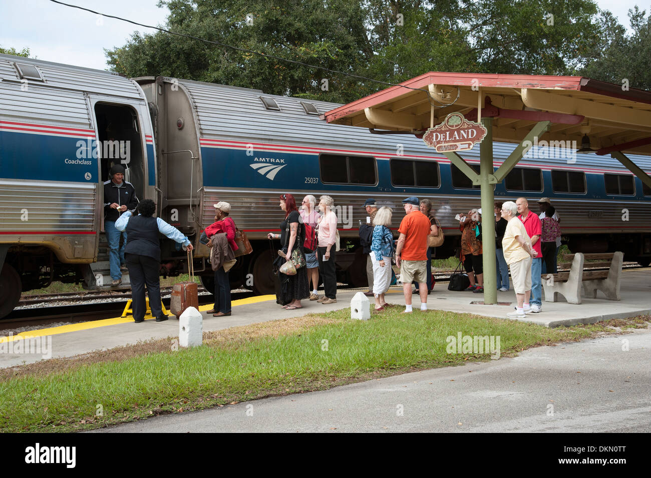 Amtrak passenger train and passengers at DeLand Station Florida USA ...