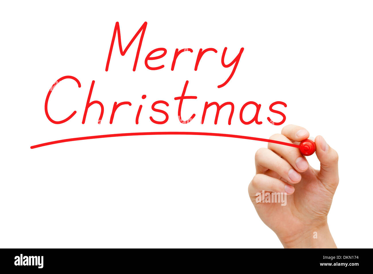 Hand writing Merry Christmas with red marker on transparent wipe board ...