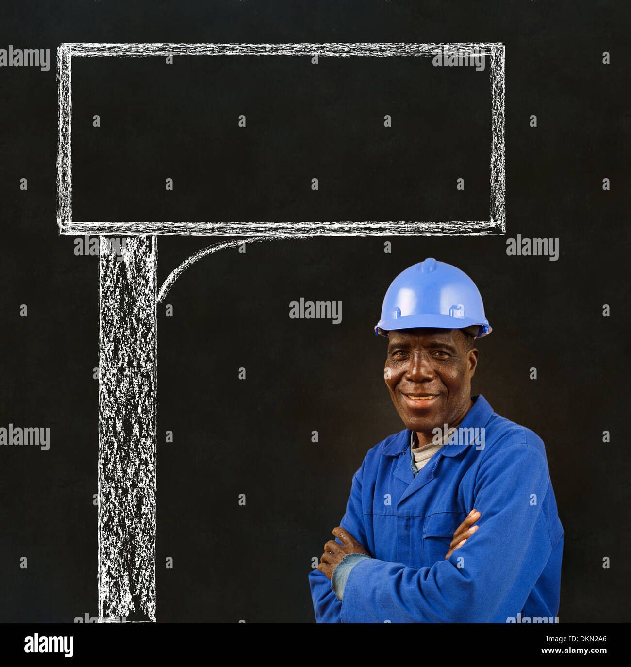 African American black man worker with a chalk road advertising sign on ...
