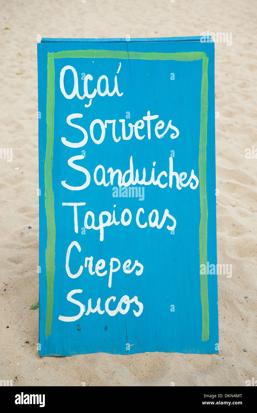 Sign board advertising Brazilian beach snacks features acai, ice cream ...