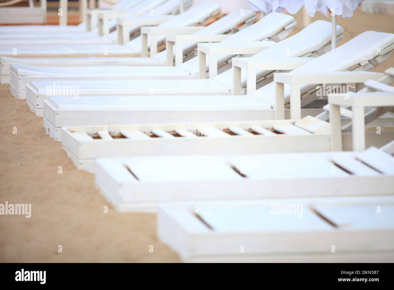 Row of empty white pool plastic chairs deckchairs on sand beach ...