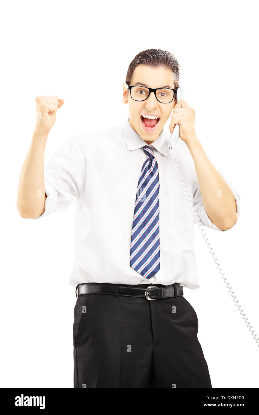 Happy man talking on a telephone and gesturing happiness Stock Photo ...