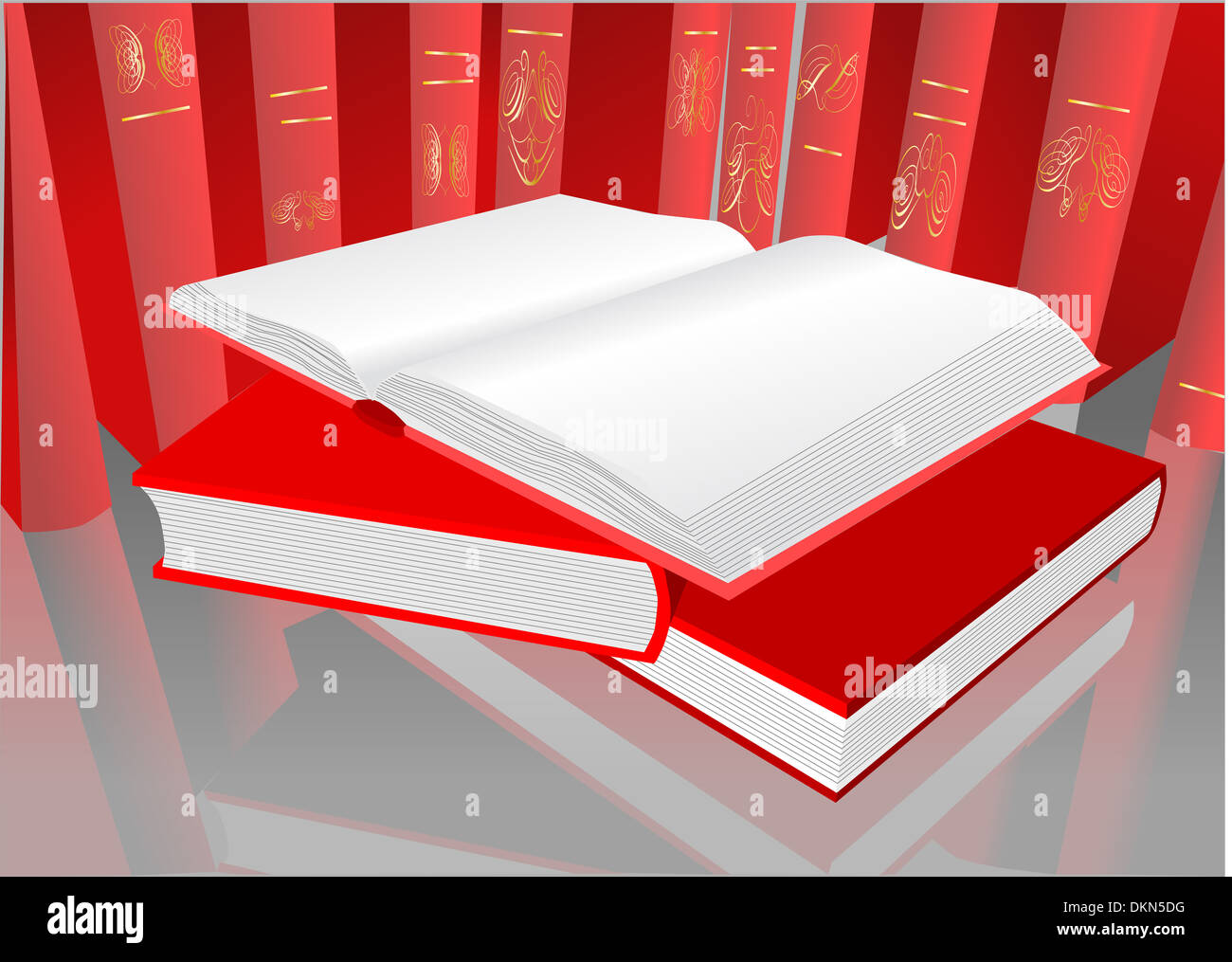 red books. library with an open book Stock Photo - Alamy