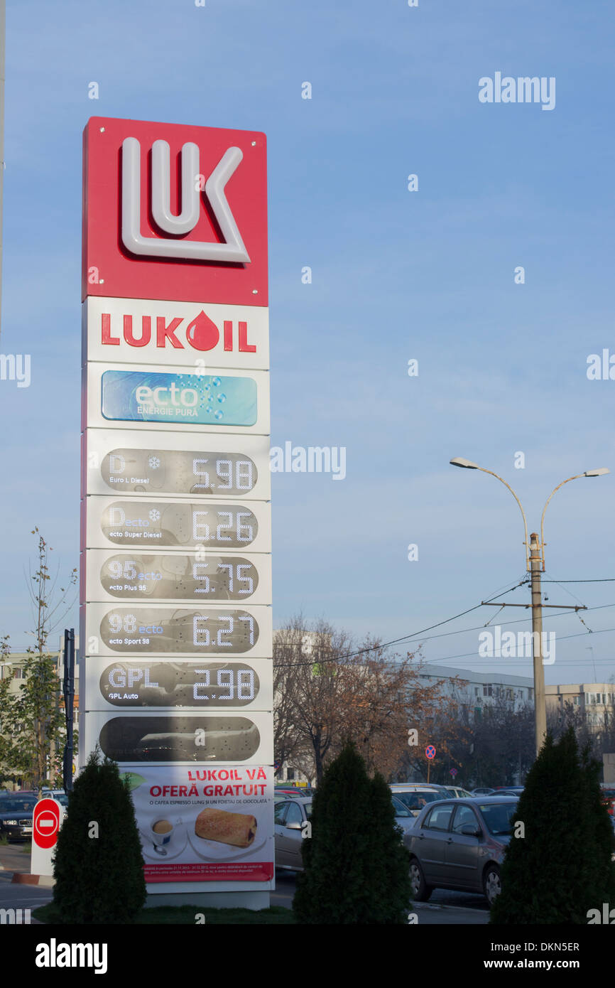 Lukoil gas station in Bucharest, Romania - Fuel prices displayed on a ...