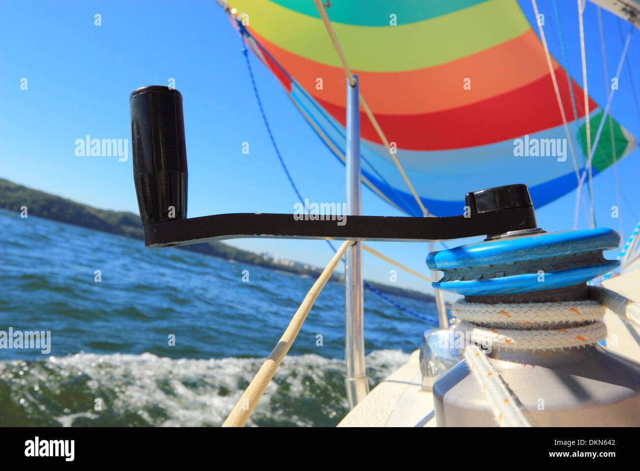 The wind has filled the spinnaker on sailing yacht. Detail of a ...