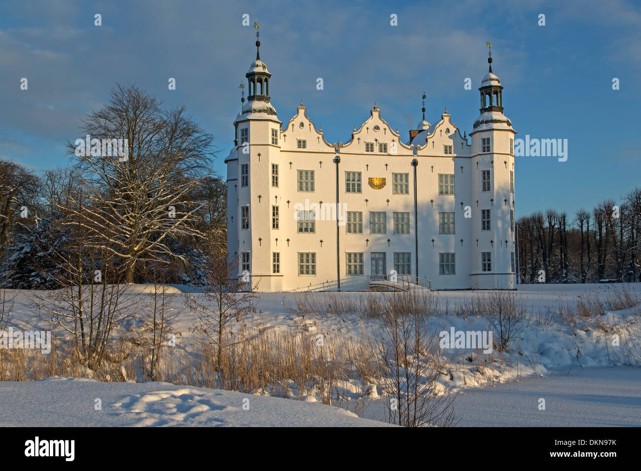 Castle of Ahrensburg with snow, Schleswig Holstein, Germany Stock Photo ...
