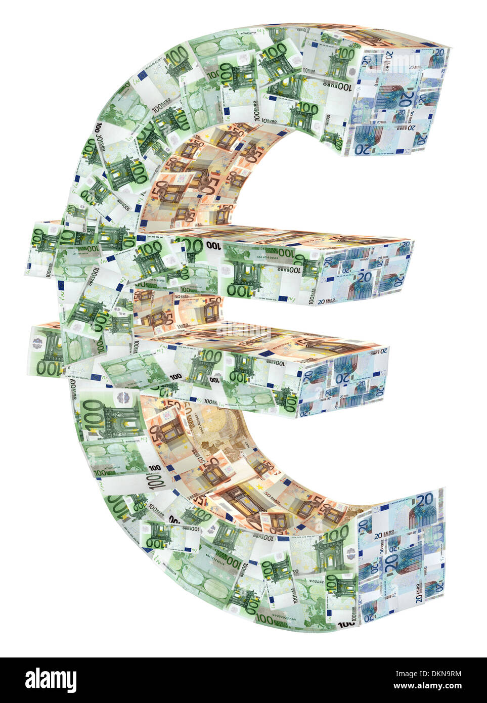 Euro symbol made of many euro banknotes isolated on white background ...