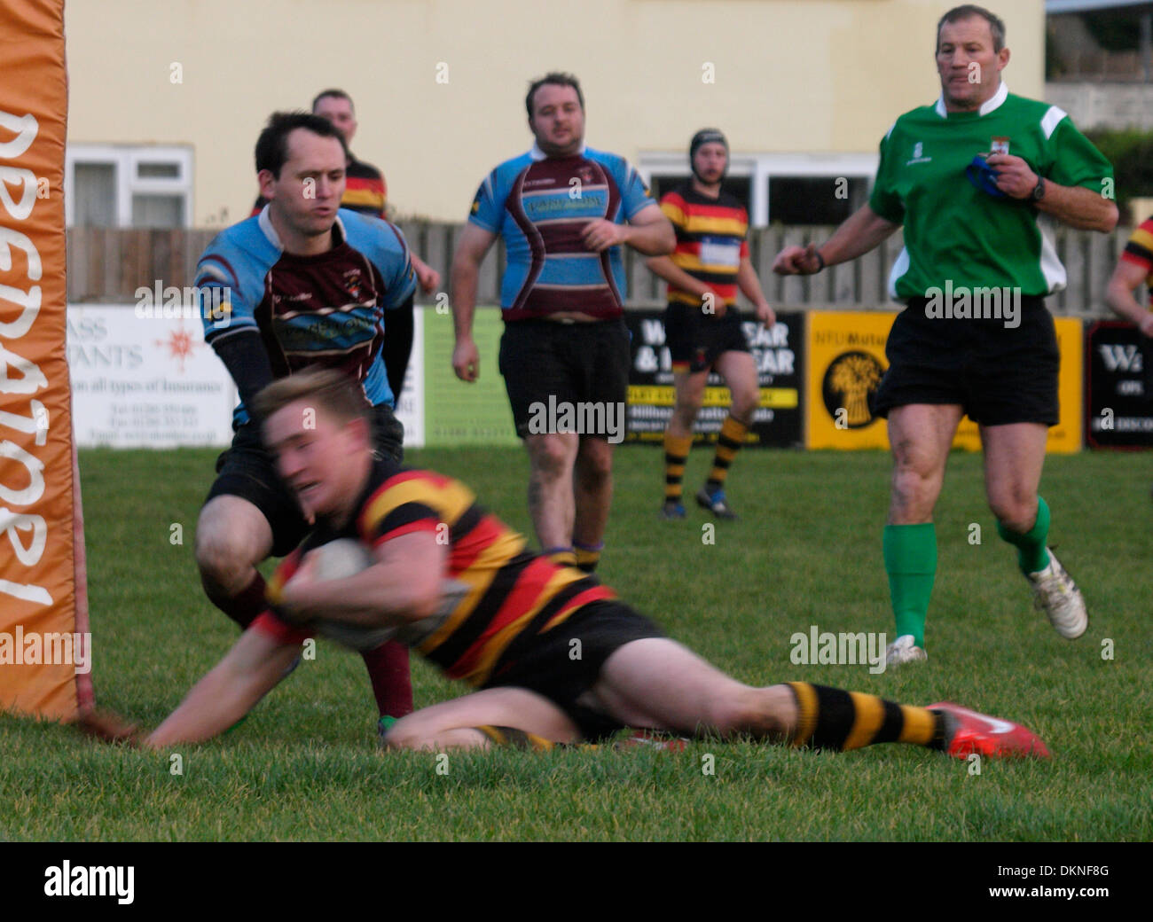 Scoring a try, Amateur rugby match, Bude, Cornwall, UK Stock Photo - Alamy