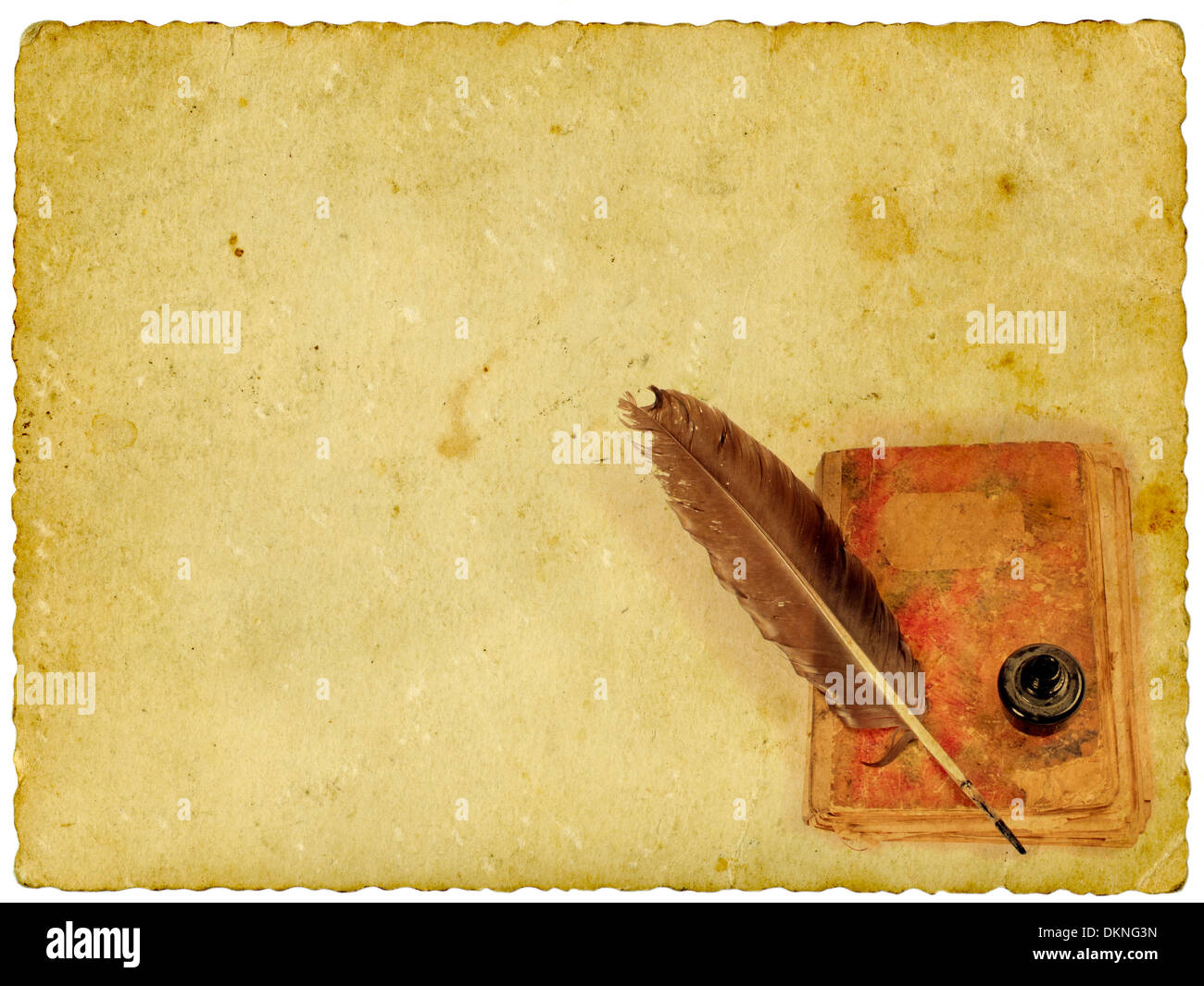 Quill, ink and old book on vintage paper Stock Photo - Alamy