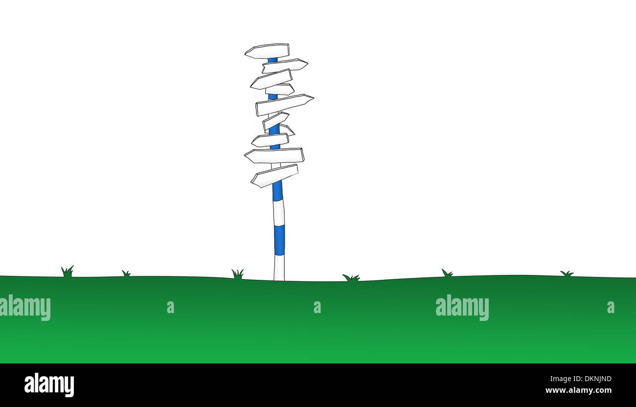 Illustration of a blue striped sign post with many arrows pointing in ...