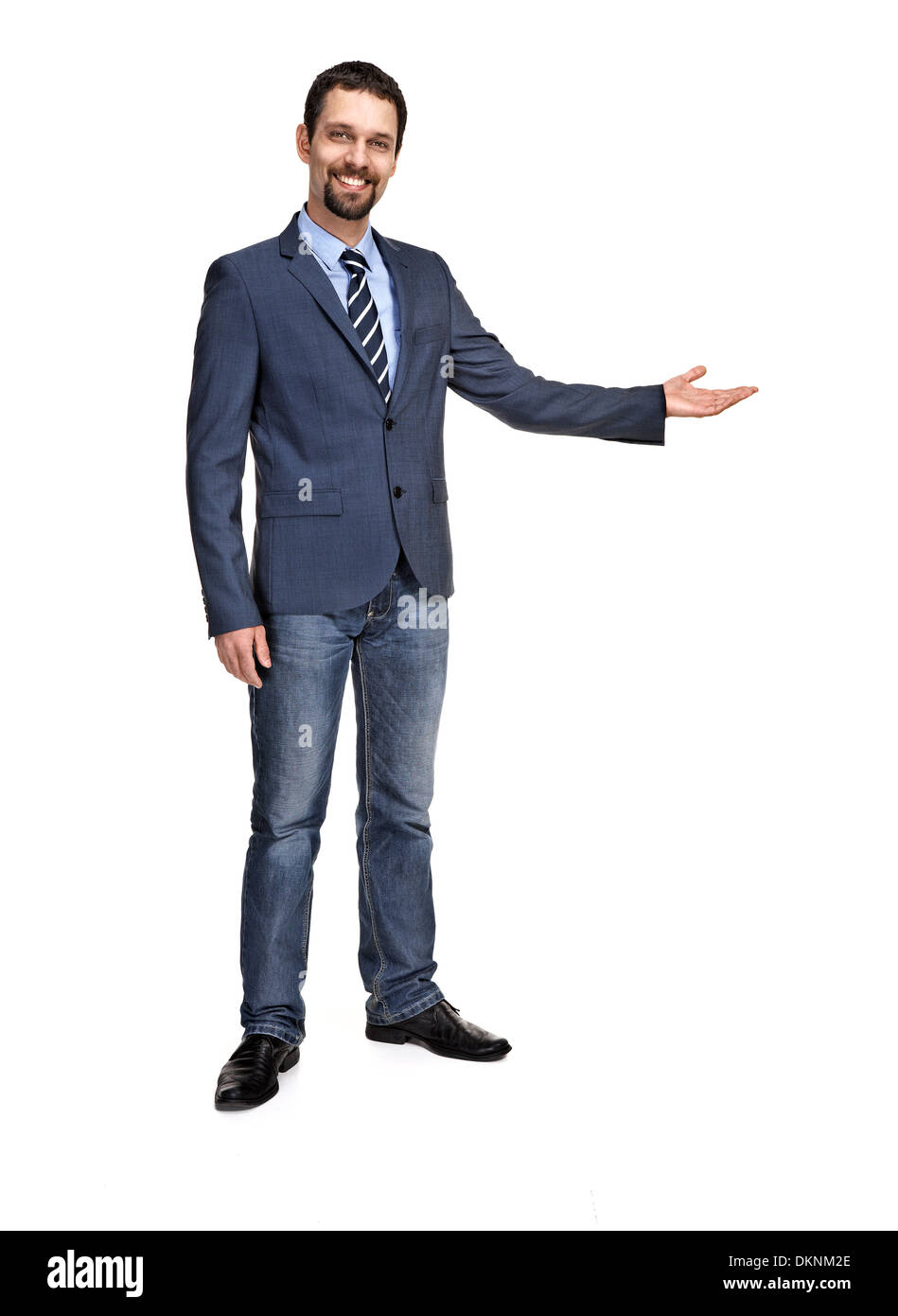Happy businessman with arm out in a welcoming gesture, isolated on ...