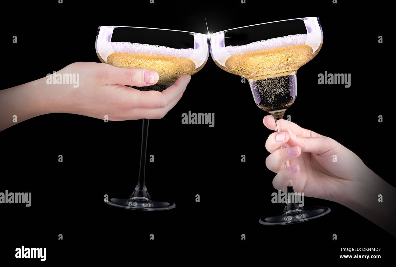 hand making toast with champagne glass on black background Stock Photo ...