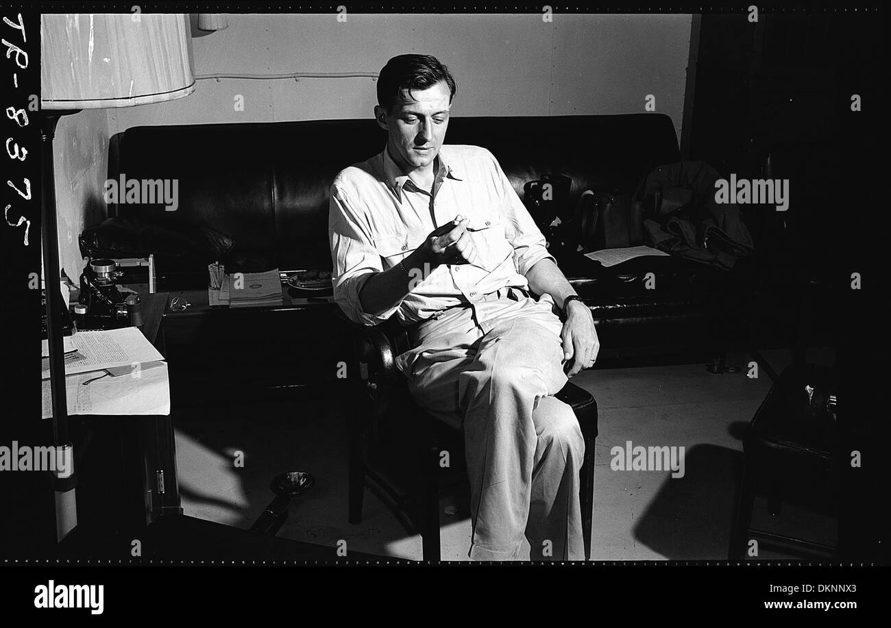 This photograph shows Lt. Victor Jorgensen relaxing in his quarters ...
